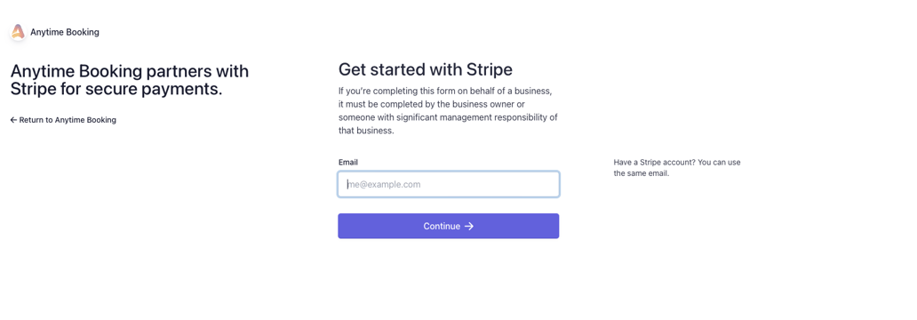 Creating a new Stripe account from your Anytime Booking system